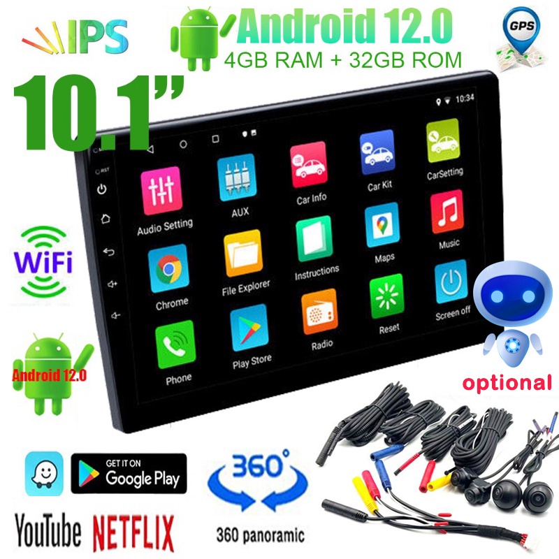 (8 Core 4G+32G)Car Radio GPS 2 Din Android 12 Universal 10" Multimedia Player with 360 ...