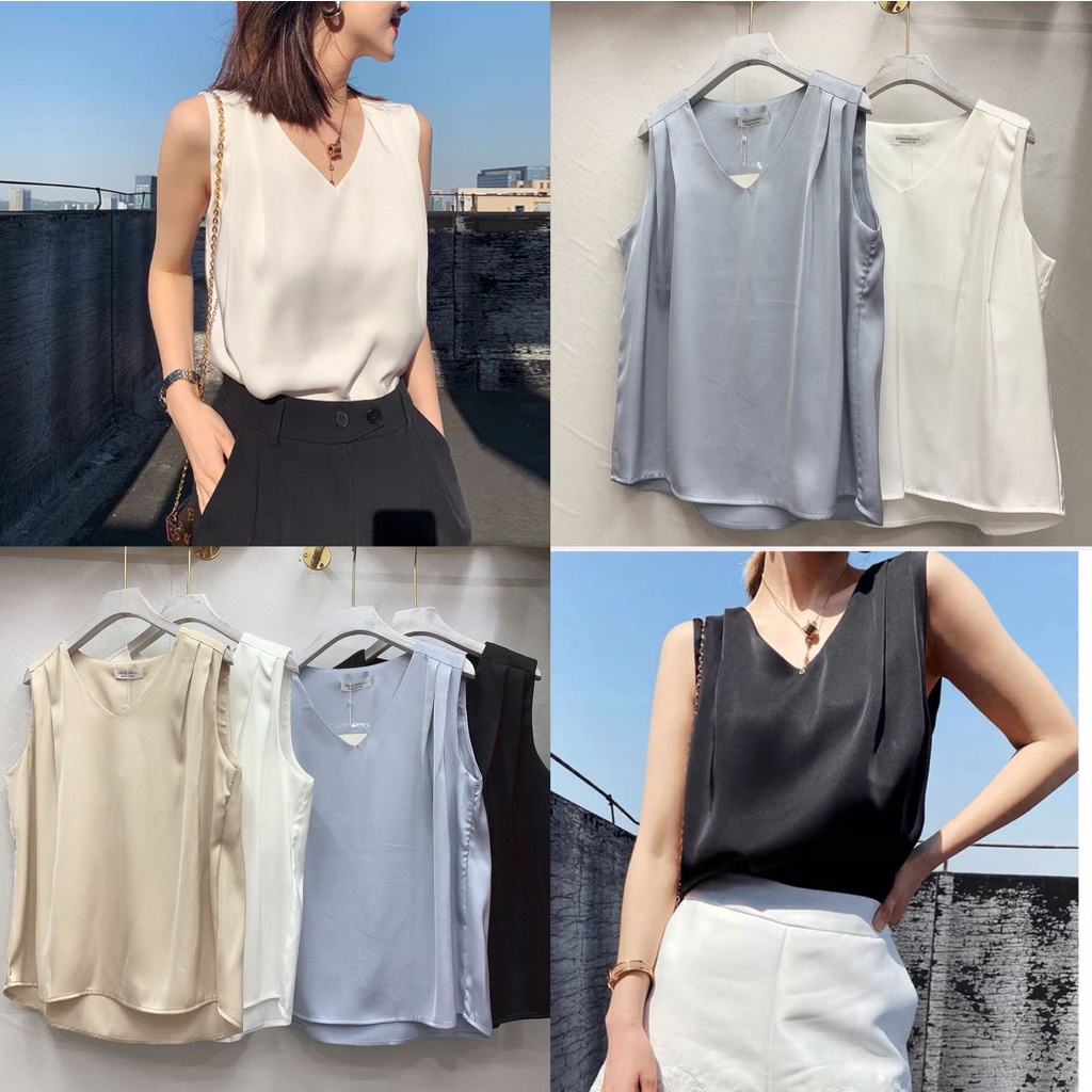 V-neck sleeveless satin tank top | Shopee Philippines