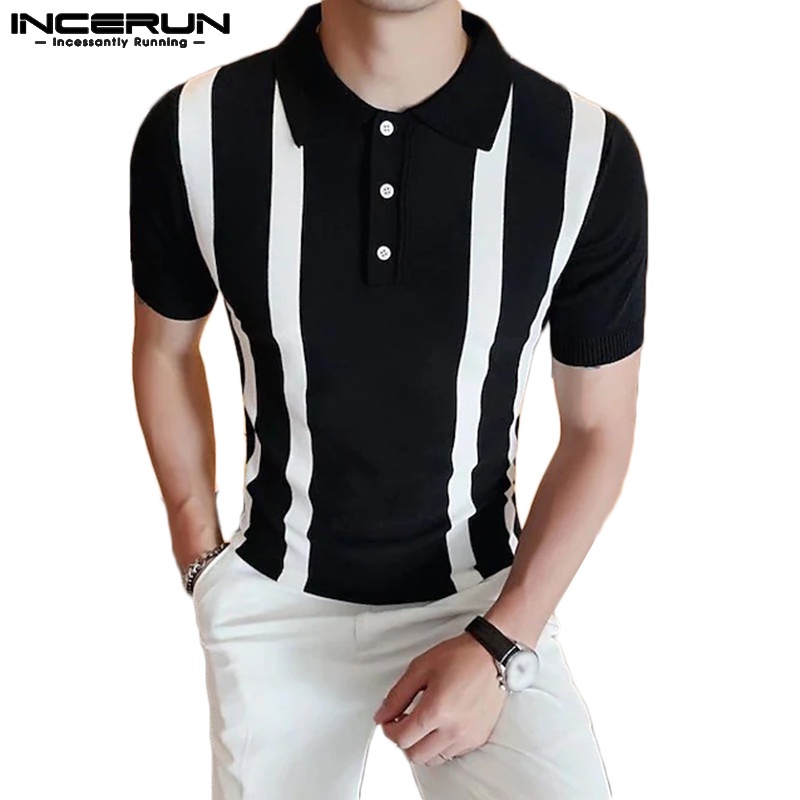 INCERUN Vertical Contrast Knitted Short Sleeve Polo Top POLO Shirts ...