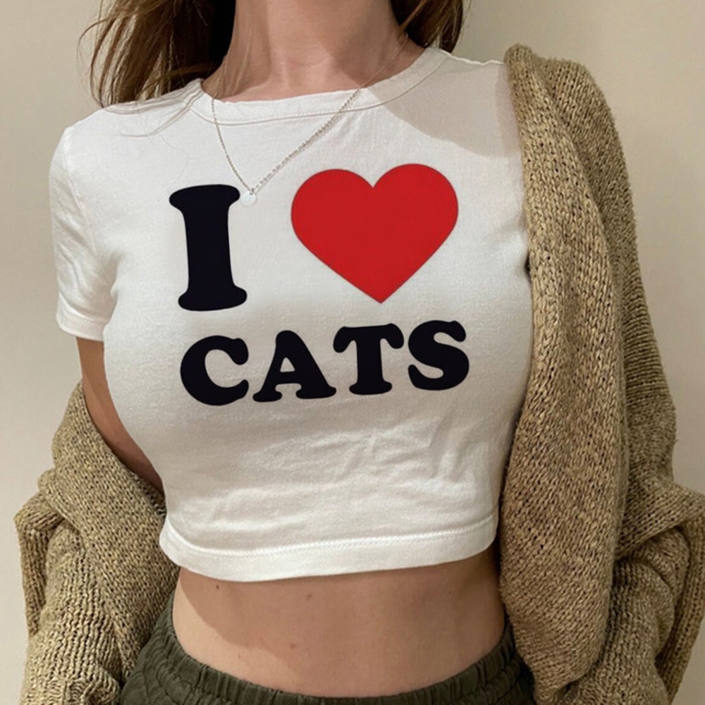 i love cats graphic cyber y2k 90s crop top Female cute fairycore Kawaii ...