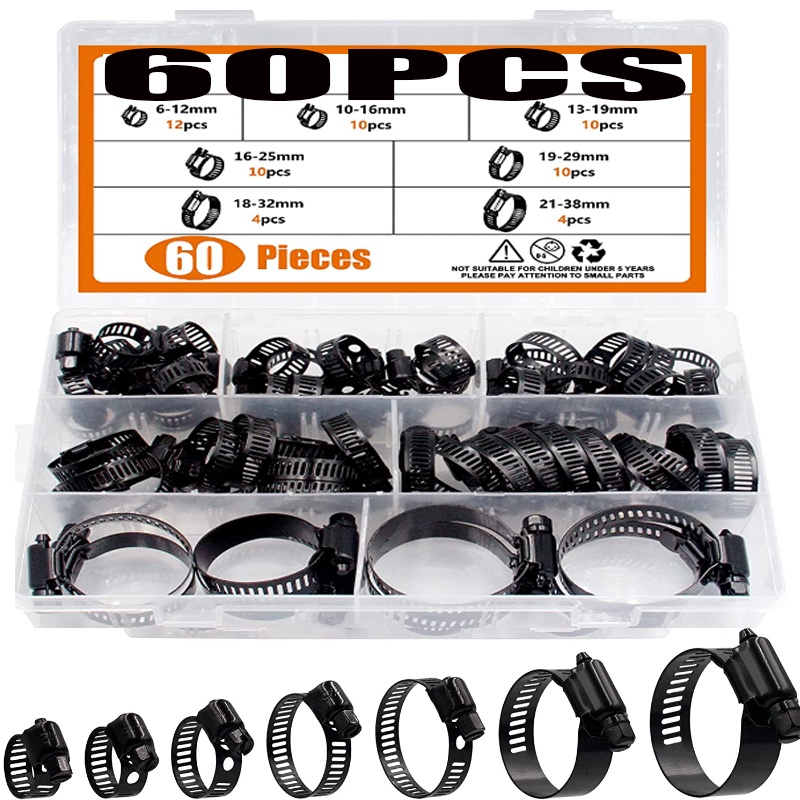 60pcs Adjustable Hose Clamp Set 6-38 mm Pipe Hose Clamps Stainless ...