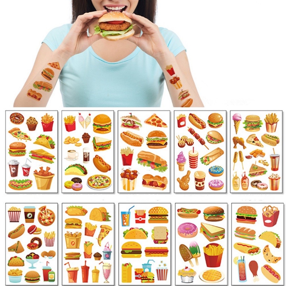 Fast Food Tattoos Disposable Temporary Realistic Hamburger French Fries ...