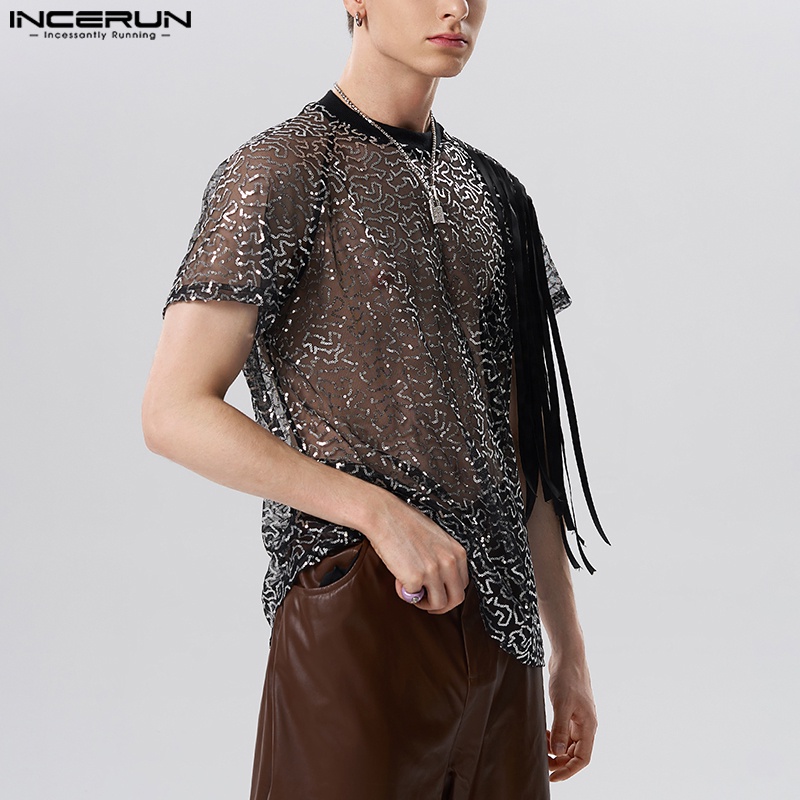 INCERUN Mesh Shiny Perspective Shoulder Tassel Short Sleeve Top T ...