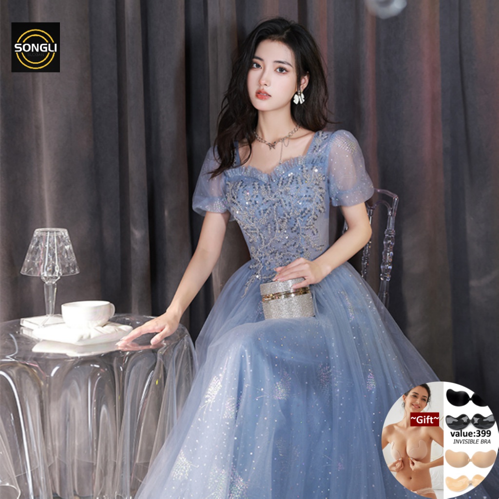 Blue Puff Sleeve Evening Dress Gown For JS Prom Dress New Banquet ...