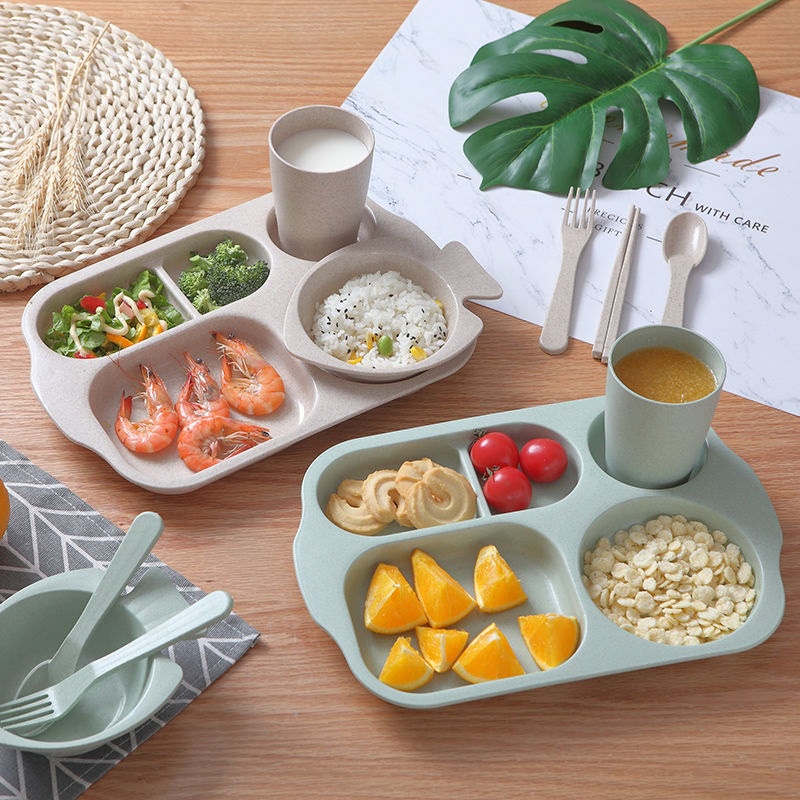 6 PCS Plate Tray Set with Bowl and Utensils Wheat Straw Rounded Edges ...