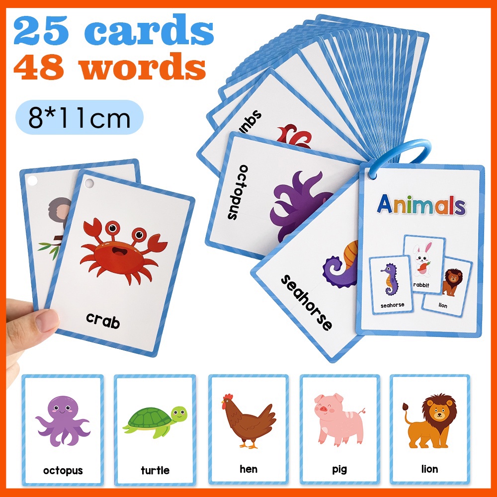 25 Cards Kids Educational Flash Cards Animals Vocabulary Words Cards ...