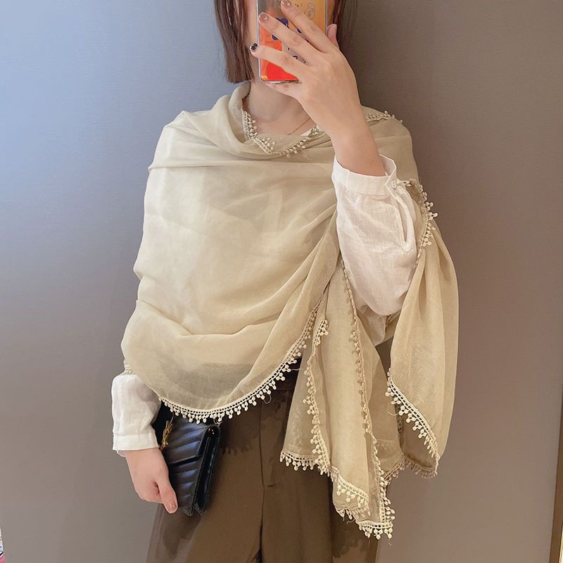 [AOYU] Lace Edge Cotton Linen Scarf Female Literary Elegant All-Match Solid Color Shawl Neck ...