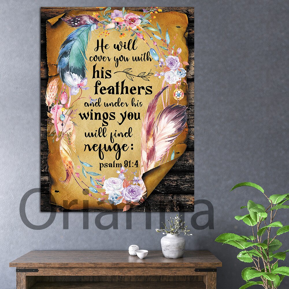 Vintage Bible Verse Poster-he Will Cover You with His Feathers-psalm 91 ...