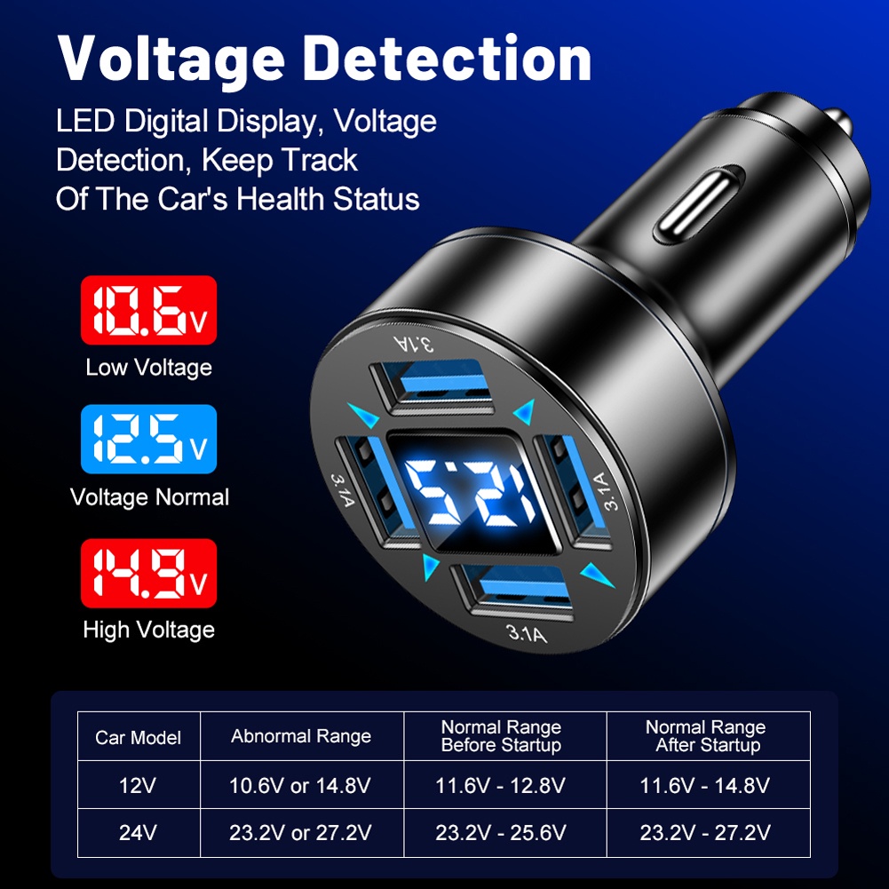 66W Car Charger 4-Port Blue Light Power Adapter USB PD QC 3.0 for ...