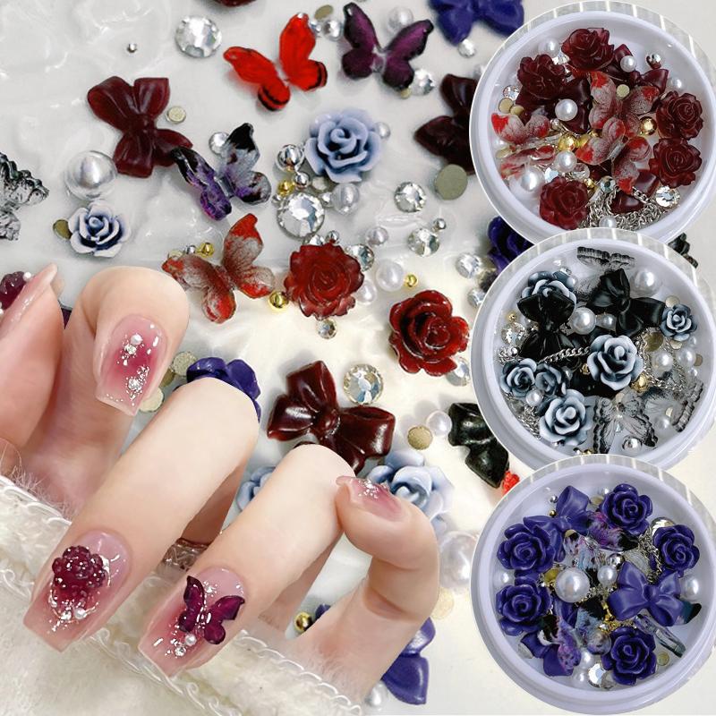 BORN PRETTY Rose Red Resin Flower Nail Charms Metal Chain Pearl ...