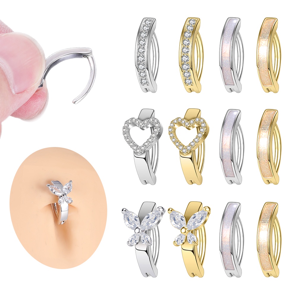 1 PC 14G Copper Butterfly Crystal Belly Button Rings Reverse Curved Navel Barbell Piercing Heart ...