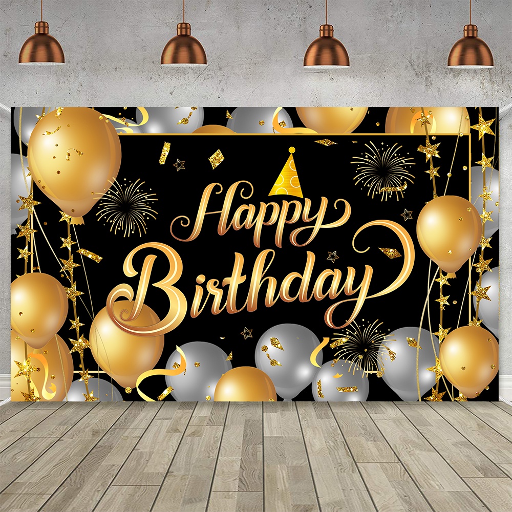 Gold Glitter Happy Birthday Party Backdrop For Photo Black 18th 30th 40th 50th Happy Birthday ...