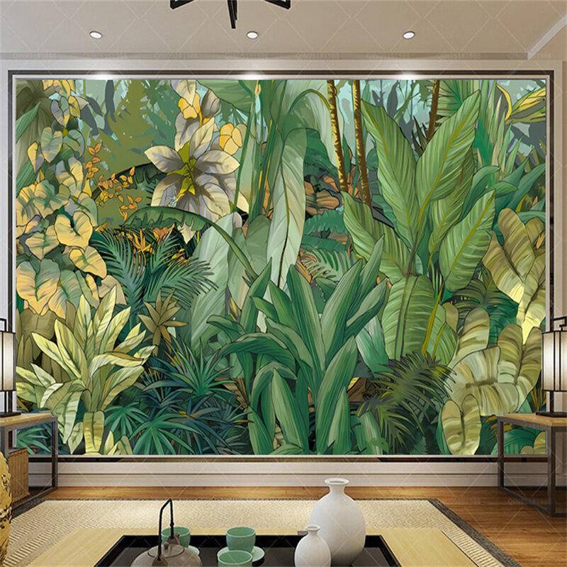 Custom Hand-painted Tropical Plant Leaf Mural Wallpaper for Living Room ...