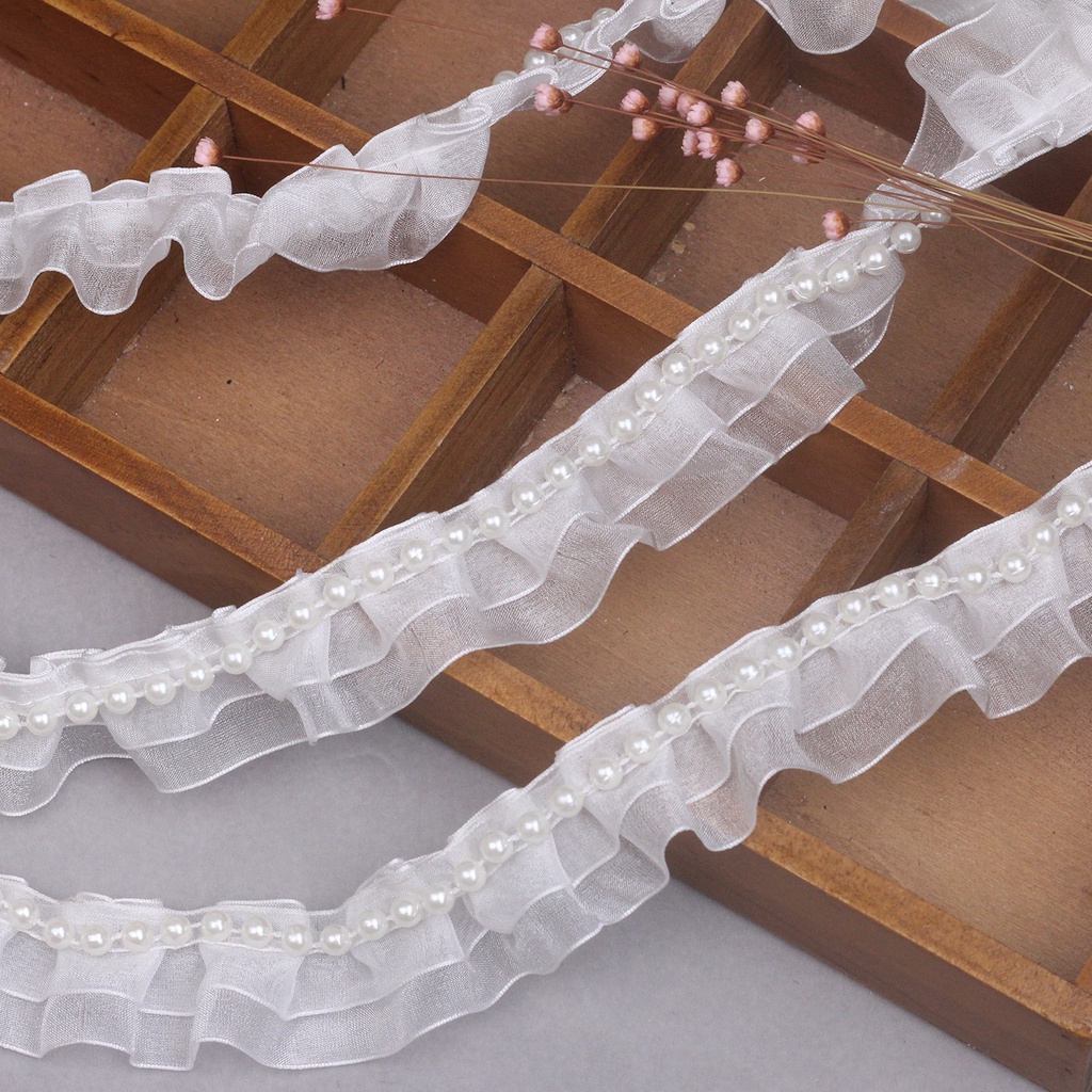【1m】Pearl String White Lace Ruffles Trim Ribbon Apparel Dress Craft ...