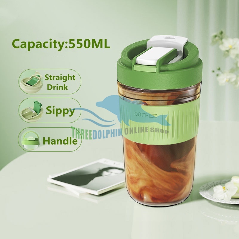 TH 400/550ML Glass Travel Coffee Mug Reusable Coffee Cup with Lid and Straw Portable To Go Iced ...