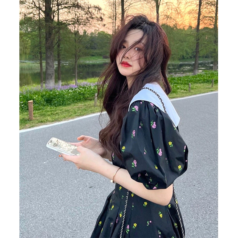 Hepburn Wind Black Puff Sleeve Floral Dress Summer New Peter Pan Collar ...