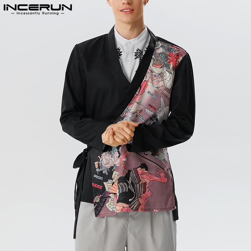 INCERUN Men's Vintage Printed Spliced Solid Long Sleeve Cardigan ...