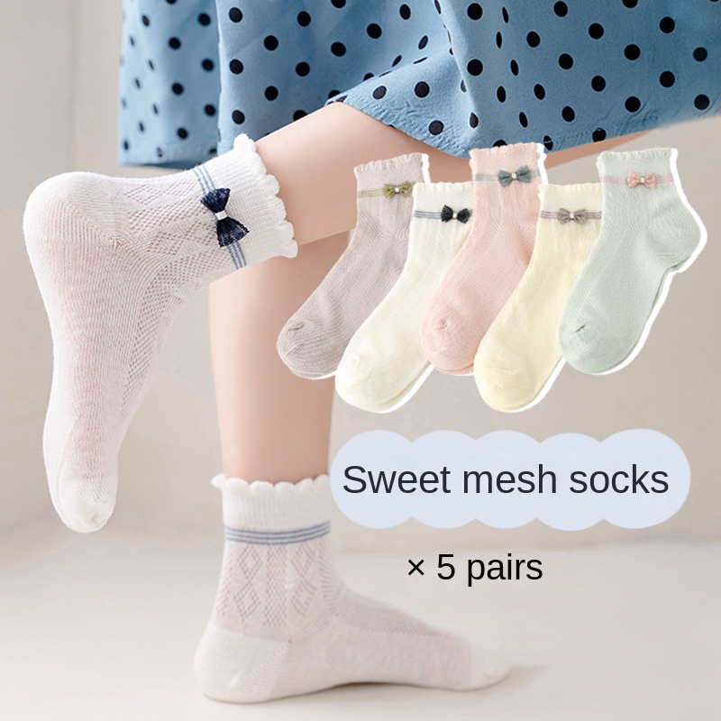 ((5 Pairs) Girls Socks Summer Thin Style Breathable Mesh Children Lace ...