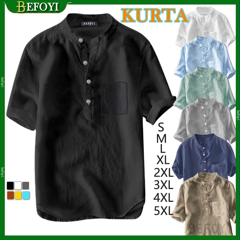 [Local Stock] Men shirt linen Chinese Collar polo shirts beach casual ...