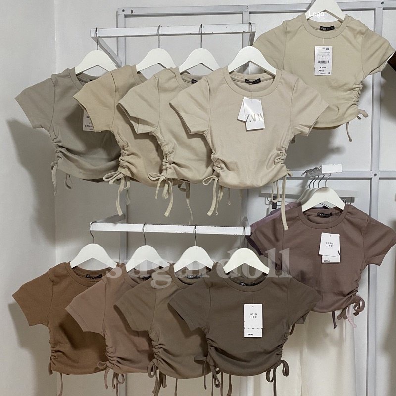 Zara side gathered/ ruched ribbed top drawstring side casual basic crop ...