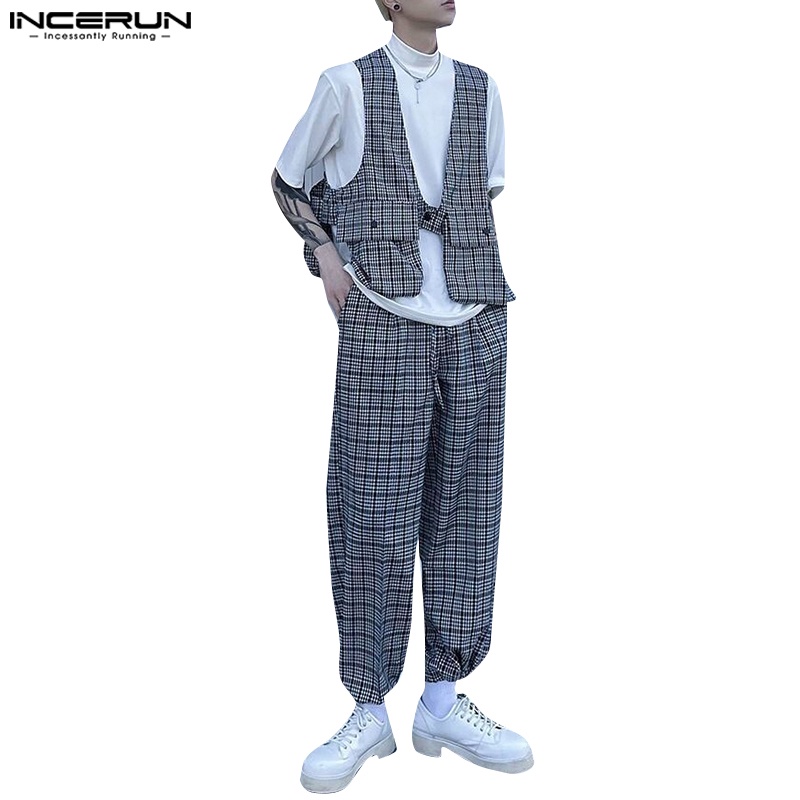 INCERUN Sleeveless vest+pants set men's fashion plaid two-piece set ...