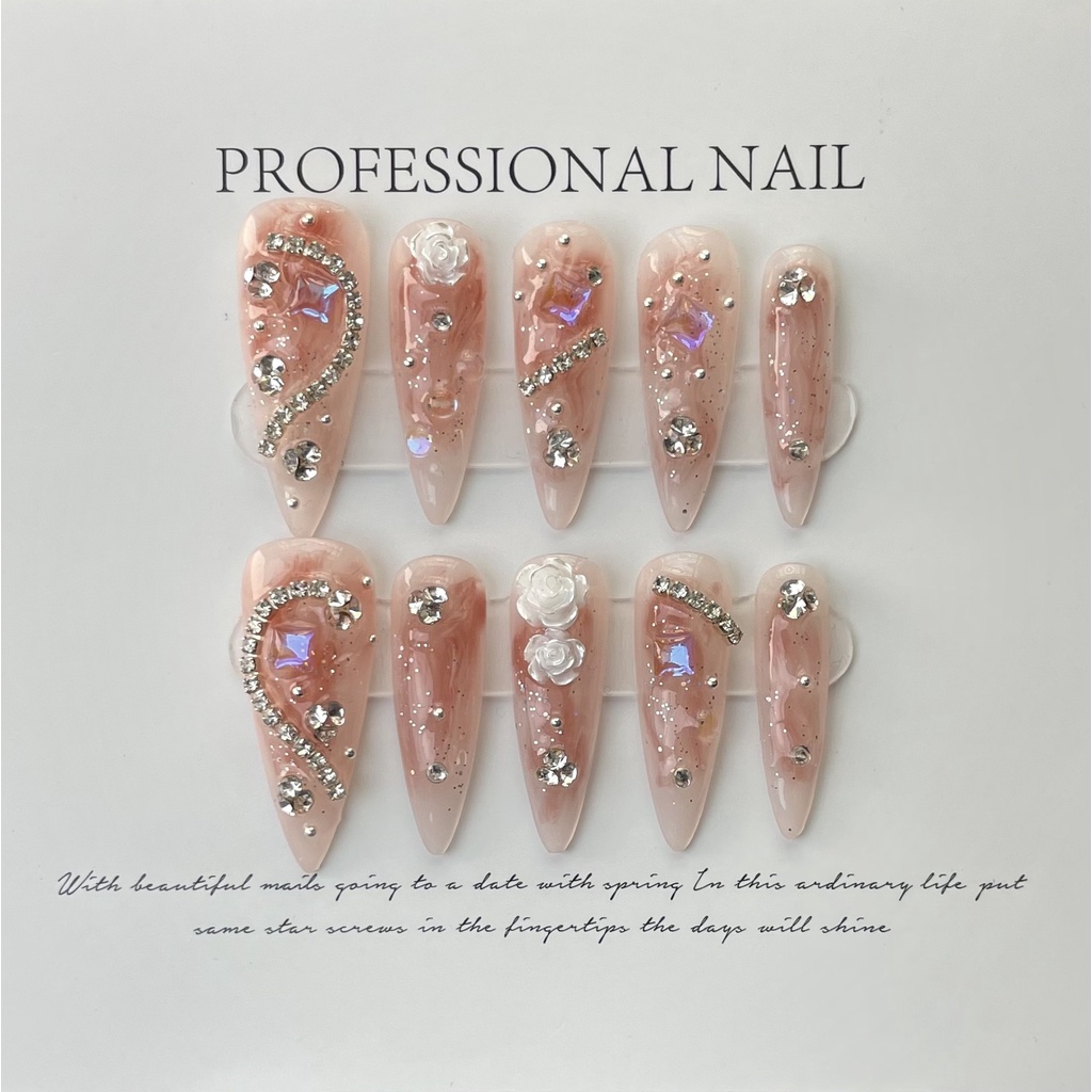 [HANDMADE]Artificial Nail Almond Breaded Camellia Phototherapy Nails ...