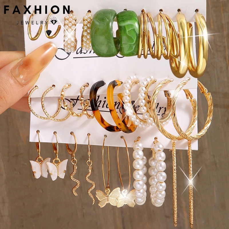 Butterfly Snake Heart Drop Earring Set Retro Pearl Gold Hoop Earrings ...