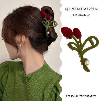 Korean Red Velvet Tulip Hairpin Sweet Girly Pearl Hair Clip Hair ...