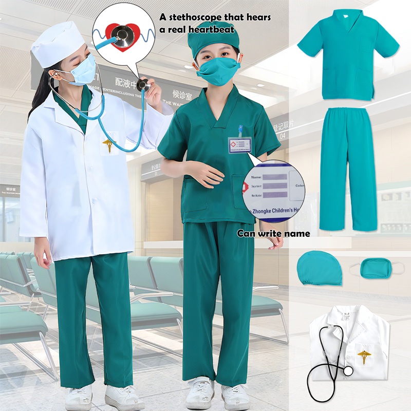 Boys Girls Doctor Costume Nurse Uniform Surgical Gown Role Play Doctor ...