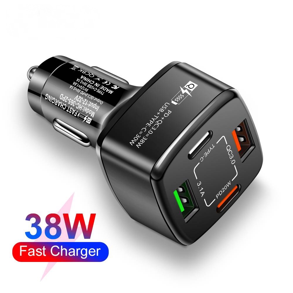38W PD Car Charger Type C Fast Charging 4 Ports Car USB Charger For Xiaomi Samsung Quick Charge ...