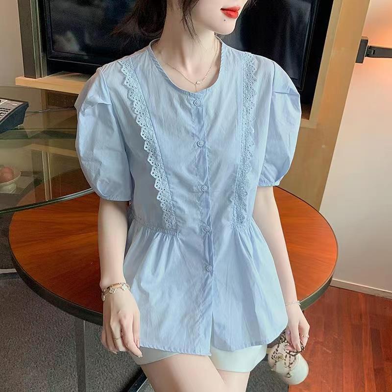 Lace Lace Short Sleeve Chiffon Shirt Womens Bubble Sleeve Top Shopee