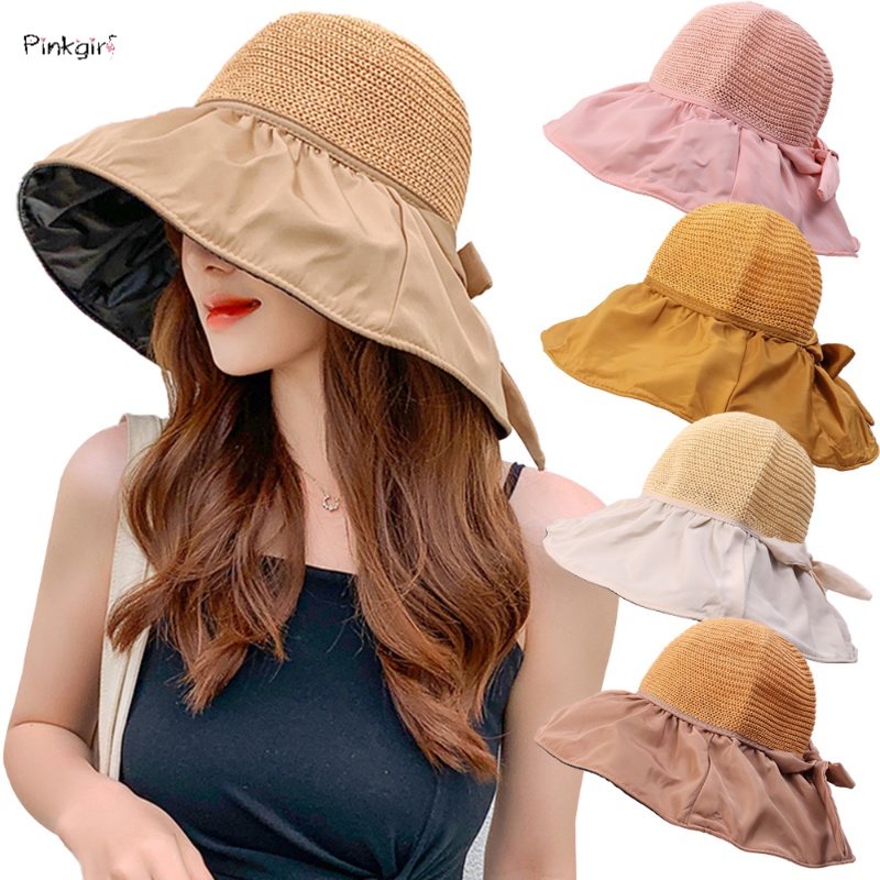 Fashion Trendy Women Solid Color Wide Brim Bucket Hat Summer UV ...