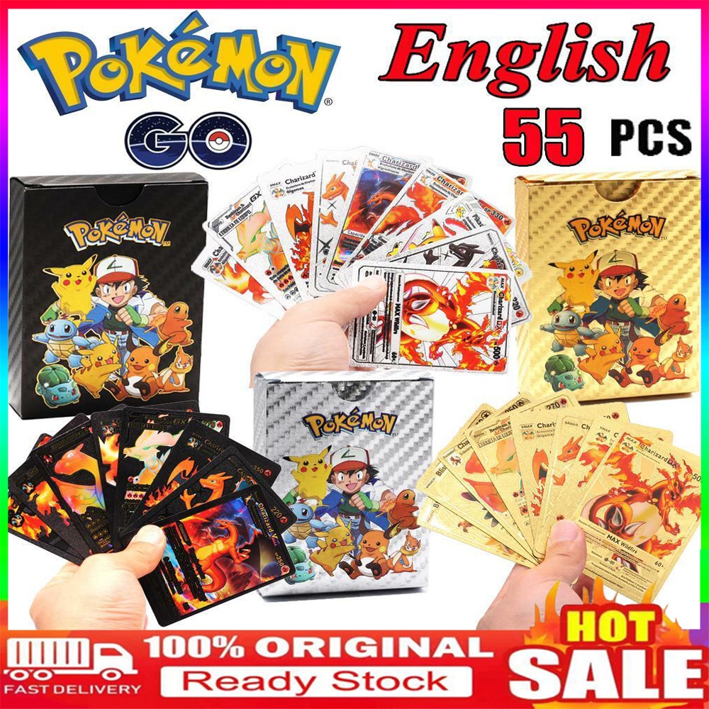 55 PCS Pokemon Cards Waterproof Plastic Gold Foil Cards Vmax GX Energy ...