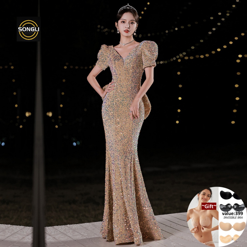 Gold Evening Dress Gown For JS Prom Dress 2023 New Banquet Long Dress ...
