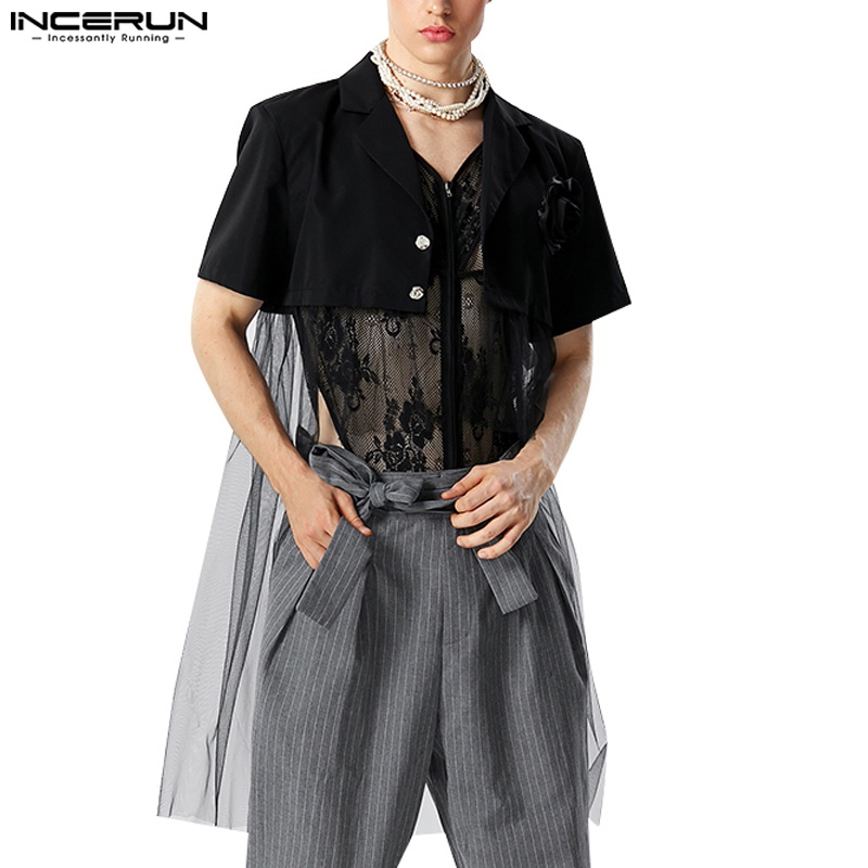 INCERUN Men Vintage Short Front And Long Back Mesh Patchwork Short ...