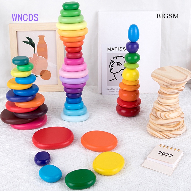 BIGSM Kids Wooden Toys Rainbow River Pebbles Nature Flat Stone Dolls ...