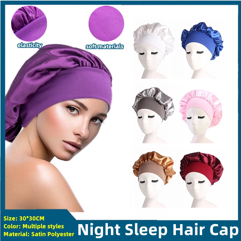 Women Night Sleep Hair Cap Satin Silk Bonnet Elastic Comfortable Hair ...