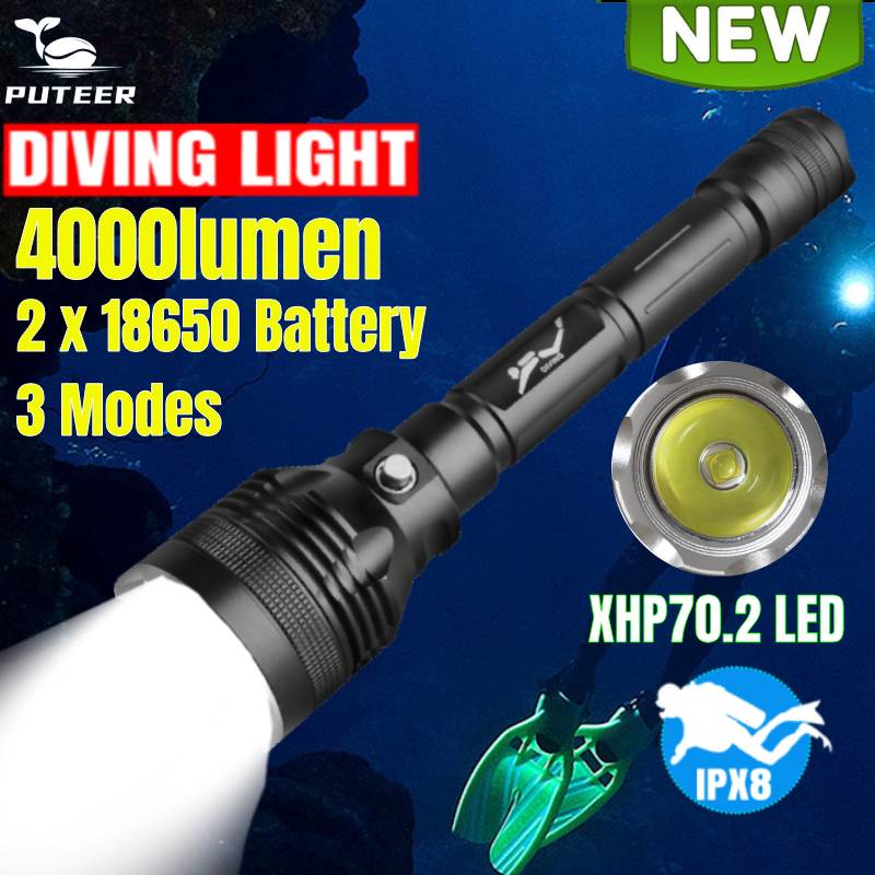 Puteer D50 Diving Light 4000lm XHP70.2 LED White Light Underwater 80m ...