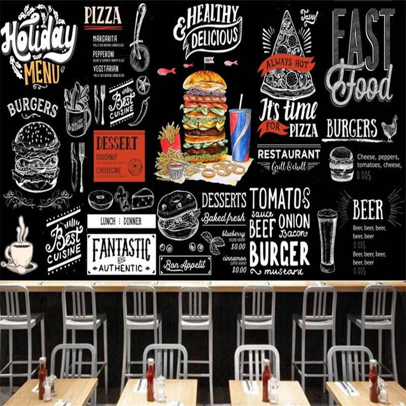 Custom Hand Painted Burger Cola Pizza Wallpaper Industrial Decor Mural ...