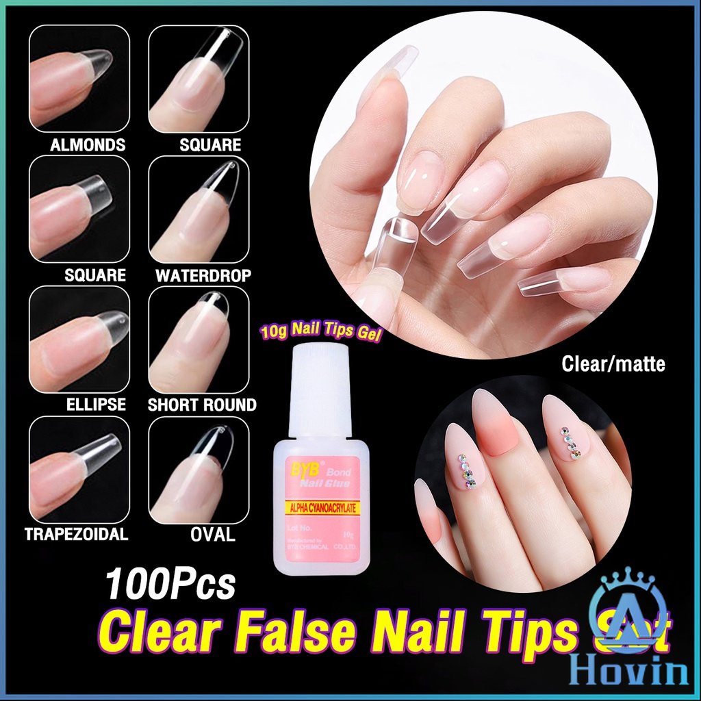Hovin 100pcs 10 Sizes Seamless Clear False Nail Tip Full/Half Cover ...
