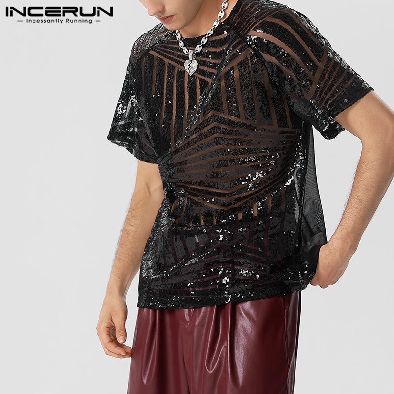 INCERUN Men Vintage Glitter Beaded Loose Short Sleeve Solid Top Shirts ...