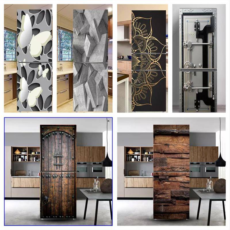 Custom Retro Wood Grain Refrigerator Wrap Freezer Sticker Butterfly Art ...