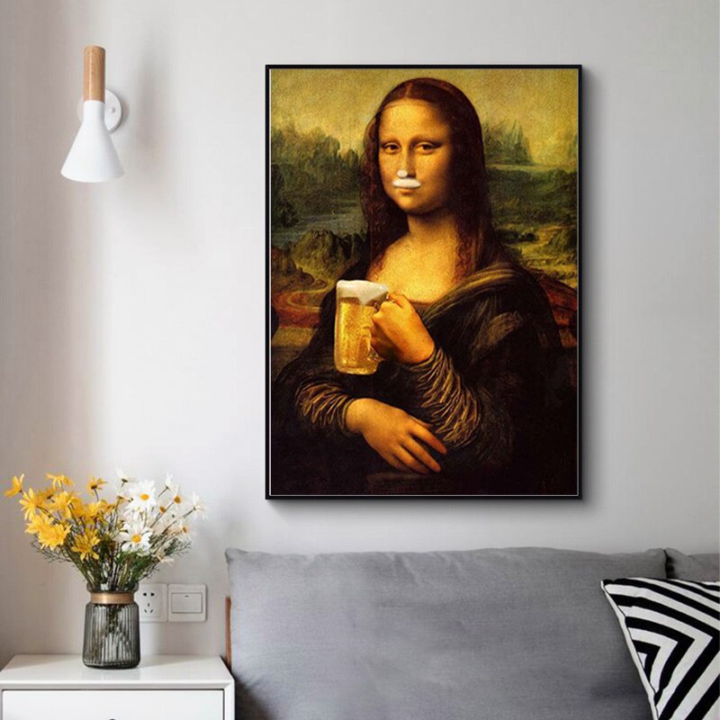 Spoof Fun Mona Lisa Drinking Beer Canvas Painting Posters and Print ...