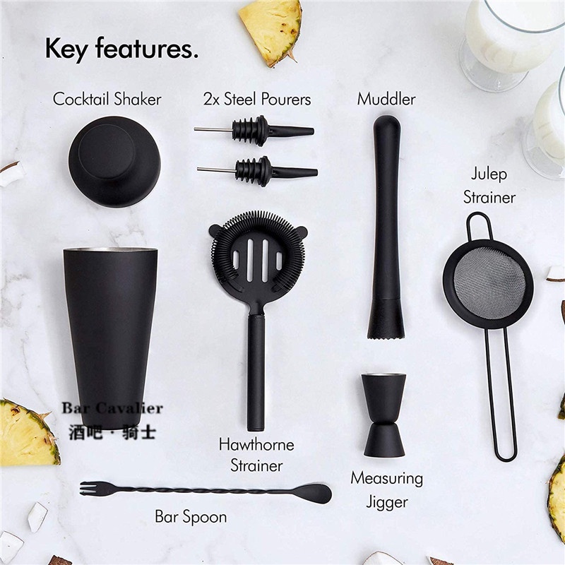 American Matte Black Stainless Steel Bartender Set Base Wine Utensils Two-Stage Shaker Bar Tools ...
