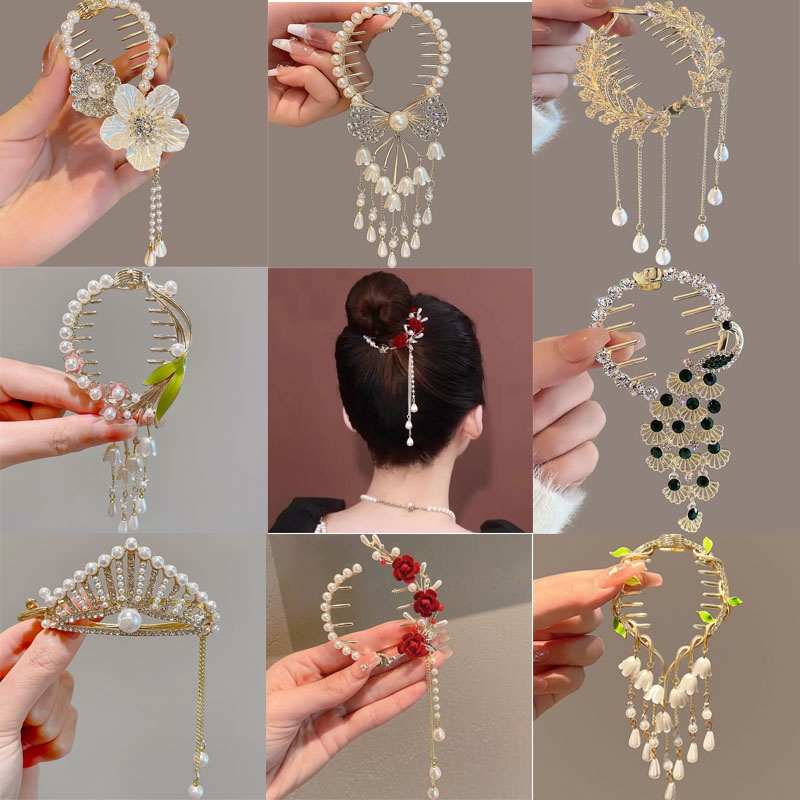 Pearl Flower Tassel Hair Bun Buckle Hairpin Back Brain Spoon Ball Head ...