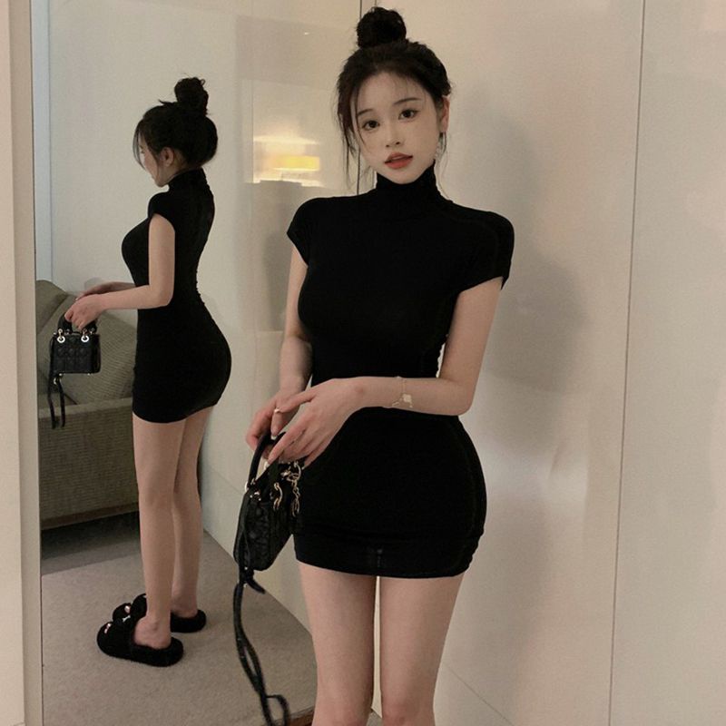 Sexy Scheming Hot Girl Short Skirt Summer Small Solid Color High Neck