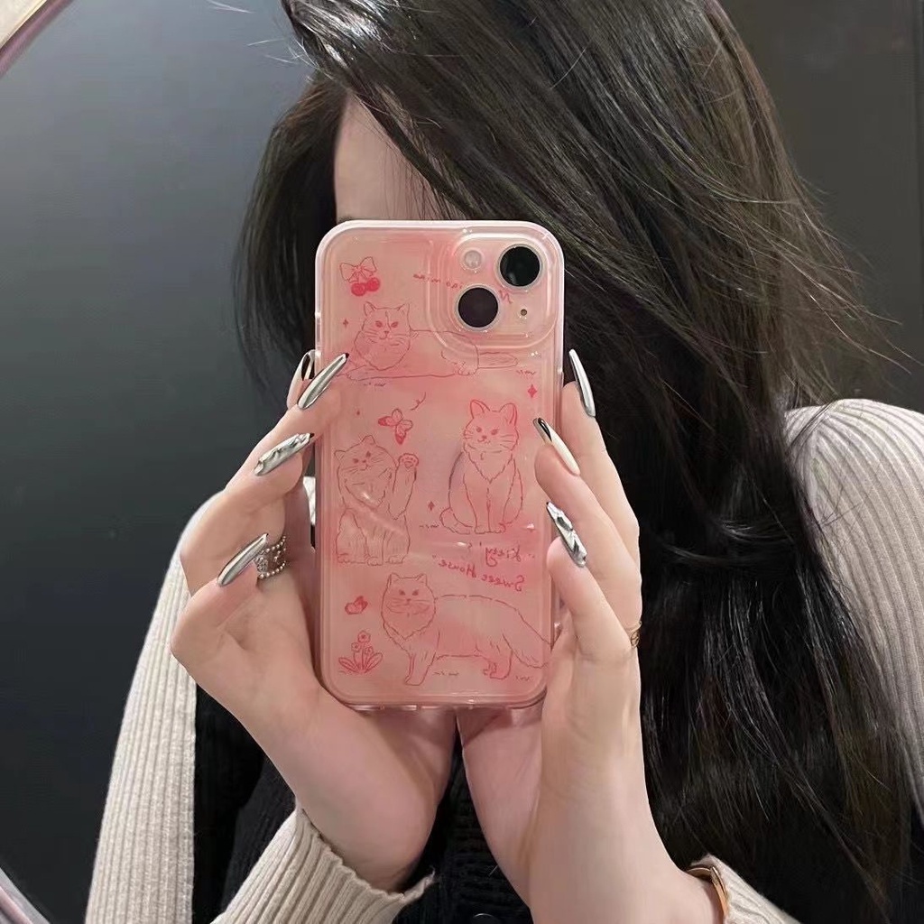 Cute Pink Line Cats Case Compatible for iPhone 15 14 13 12 Pro Max 11 ...