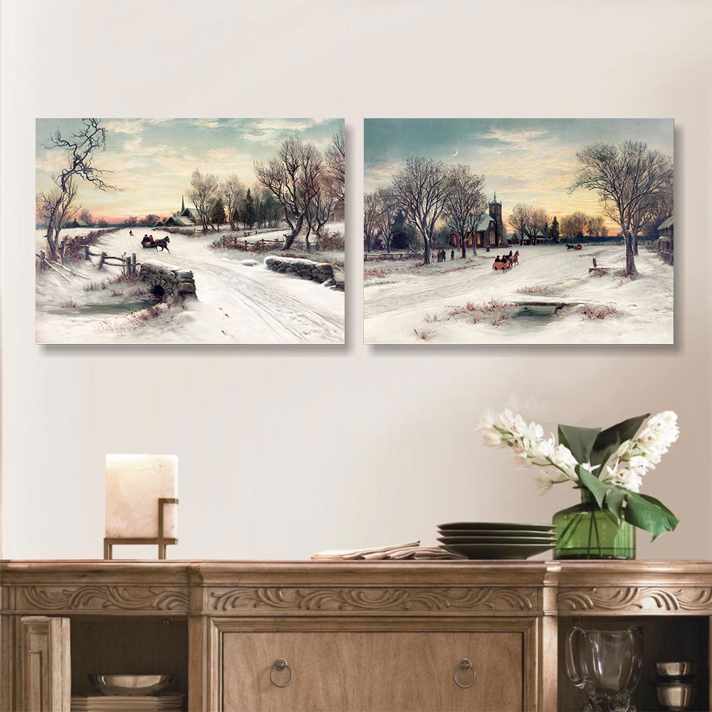 Snow Scene Poster Winter 2 Sets Of Canvas Painting Nature Landscape Art ...