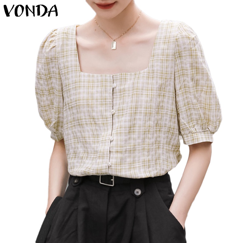 VONDA Women Korean Plaid Short Sleeve Square Collar Bubble Sleeve ... VONDA Women Korean Plaid Short Sleeve Square Collar Bubble Sleeve ...