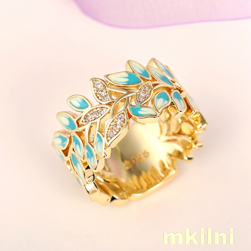 New simple fashion stone-encrusted enamel epoxy leaf ring | Shopee ...
